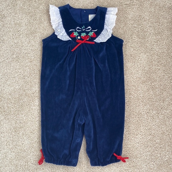 Vintage | One Pieces | Vintage Navy Velour Romper With Strawberries ...